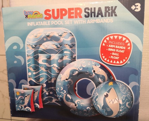 Inflatable Super Shark 5 Piece Pool Set With Armbands Brand New Boxed ...