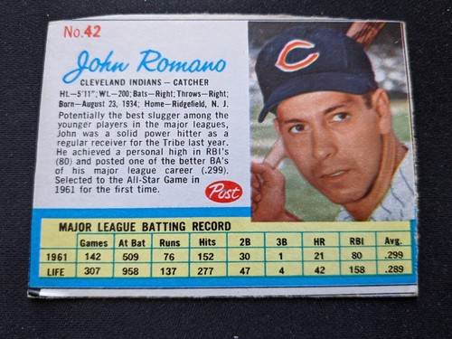 1962 Post Cereal Baseball Card # 42 John Romano - Cleveland Indians (VG ...