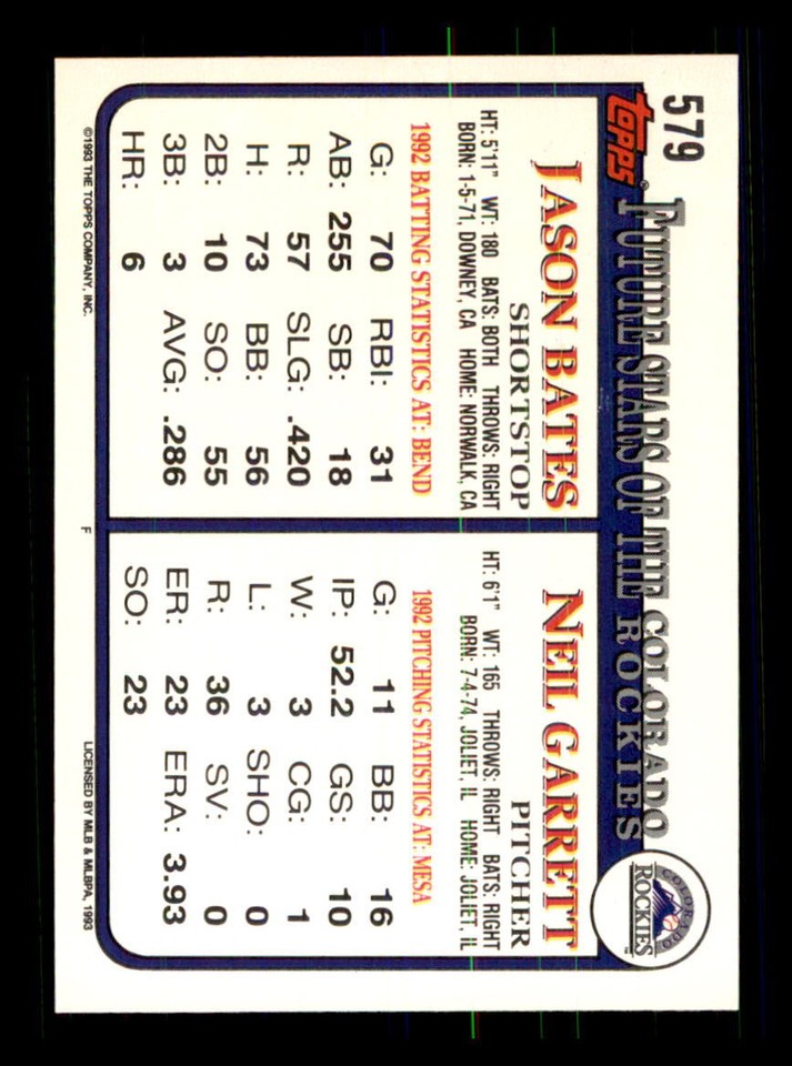 1993 Baseball Topps Neil Garret / Jason Bates CPC, RC Colorado Rockies ...