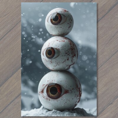 POSTCARD Snowman Eyes Eyeballs Winter Christmas Tree Creepy Weird Snow ...