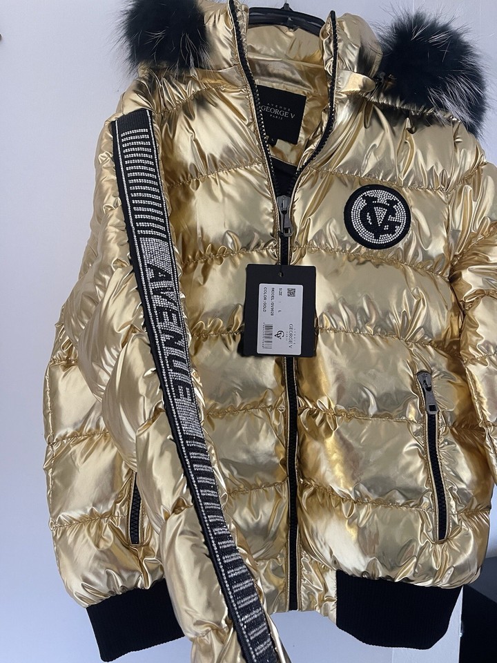 Avenue George V Paris Puffer Jacket Gold Rhinestone High Fur on Hood ...