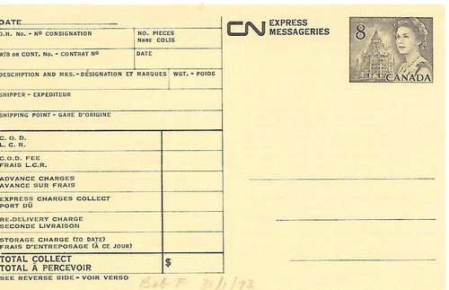 Canada. #RKP106 Postal Card MINT CNR Railway Express, rouletted ...