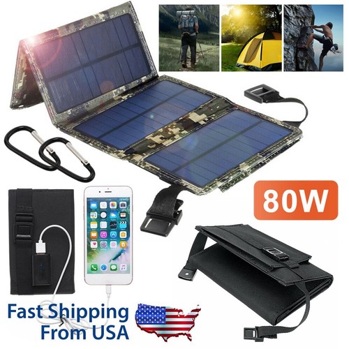 80Watt Solar Panel Folding PV Power Bank Outdoor Camp Hiking USB Phone ...