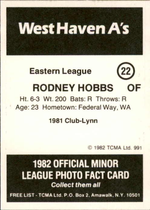1982 West Haven A's TCMA 22 Rodney Hobbs Federal Way Washington WA ...