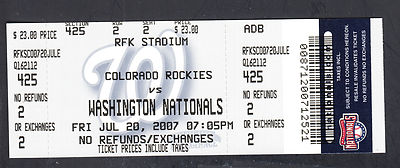 Washington Nationals vs Colorado Rockies July 20 2007 Unused Ticket RFK ...