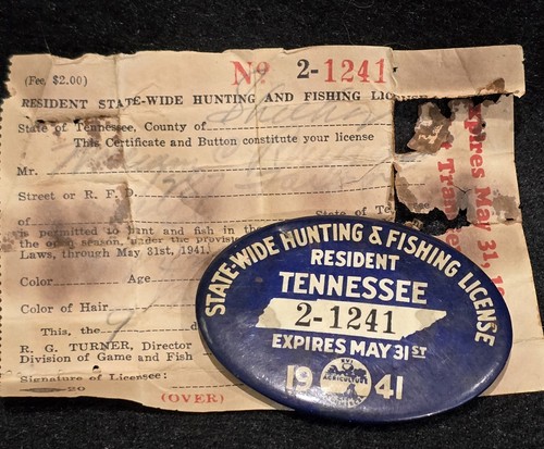 1941 Tennessee Resident Hunting & Fishing License Badge w/ Matching ...