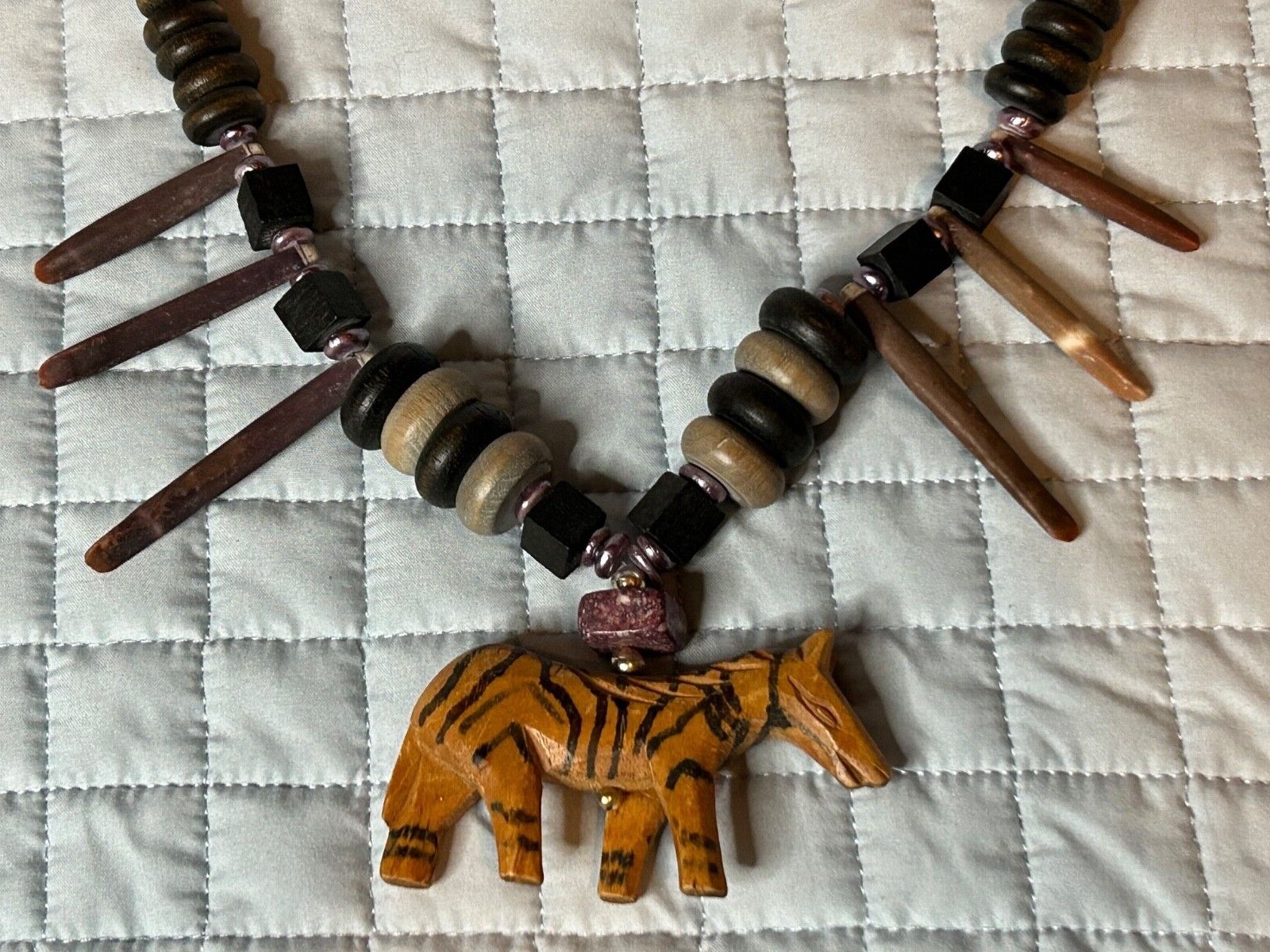 Vintage Hand Carved Wood African Safari Animal Necklace Zebra Wooden ...