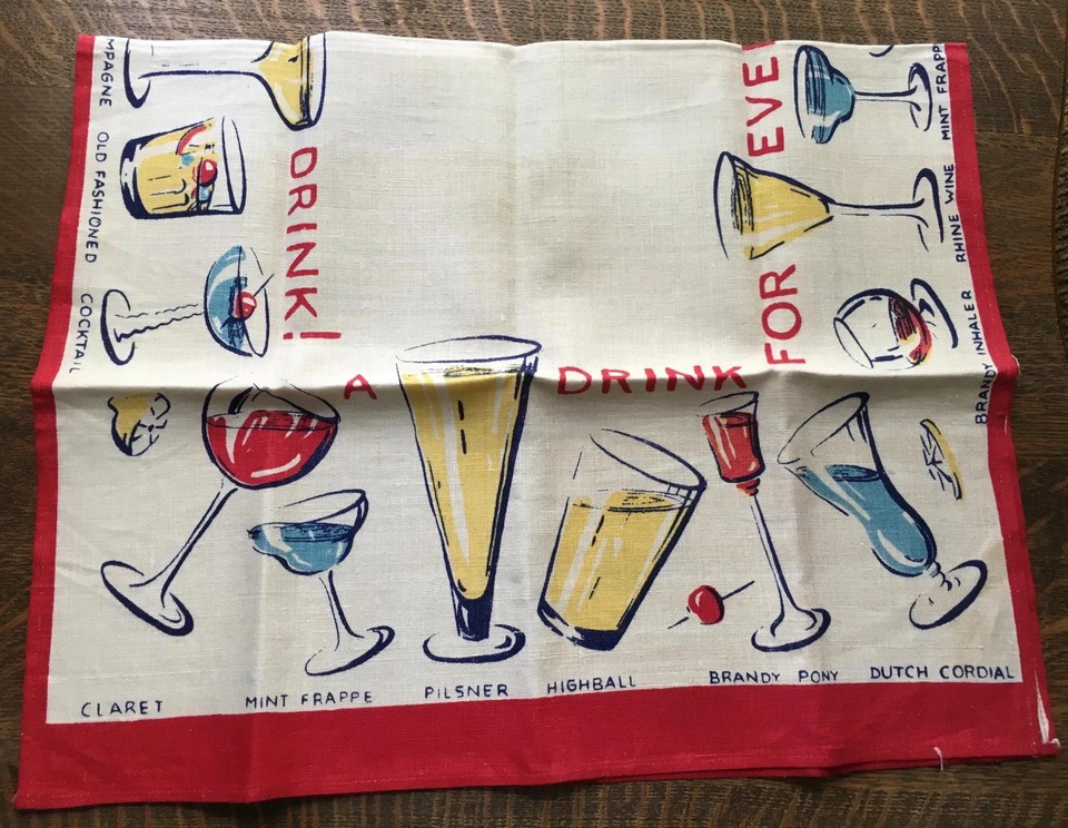 Vintage Mid-Century Tea Towel~ MCM Cocktails Linen Bar Graphics Retro ...