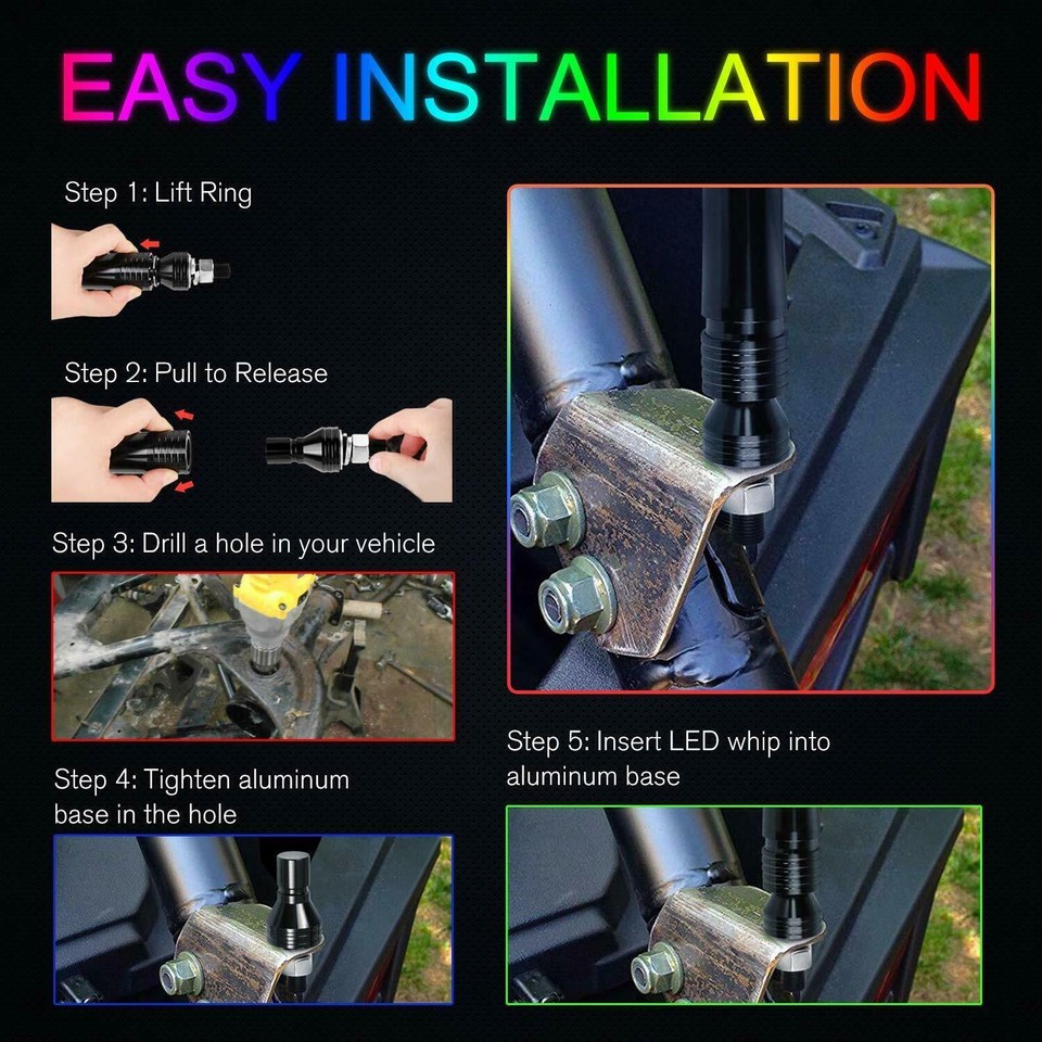 2X 3ft Lighted Spiral LED Whip Antenna w/Flag + 4 Pods RGB Rock Lights ...