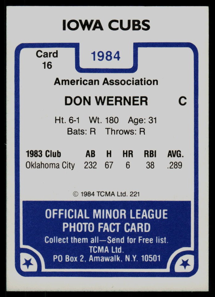 1984 TCMA Don Werner Iowa Cubs | eBay