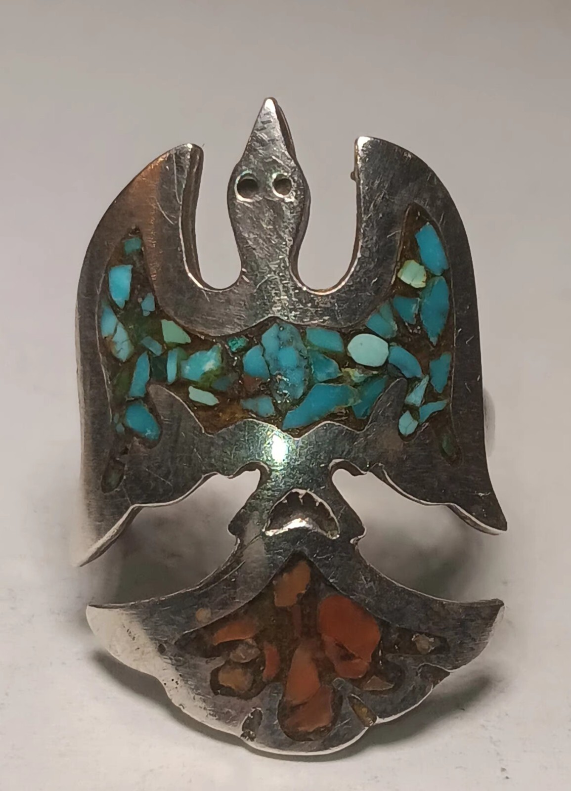 Old Pawn Sterling Zuni Turquoise/Coral Chip Inlay Pey… - Gem