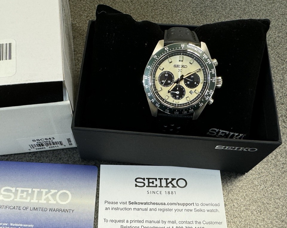 Seiko Prospex Speedtimer Solar Leather Band Cream Dial Watch SSC943 NWT ...