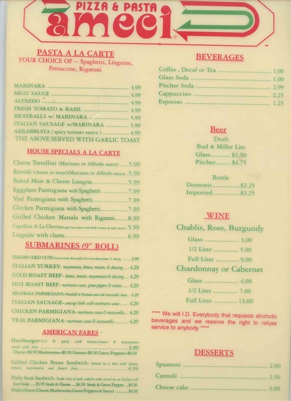 Ameci Pizza & Pasta Menu Hollister Ave Goleta California | eBay