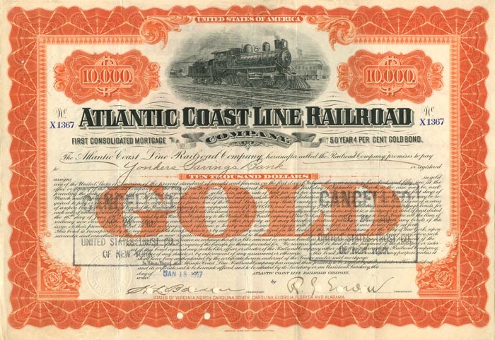 Atlantic Coast Line Railroad Co. - $10,000 Bond - Railroad Bonds | eBay