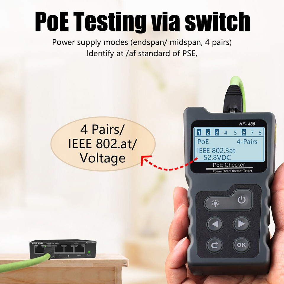 NETWORK CABLE TESTER LAN WIRE METER POE RJ45 ETHERNET VOLTAGE CURRENT ...