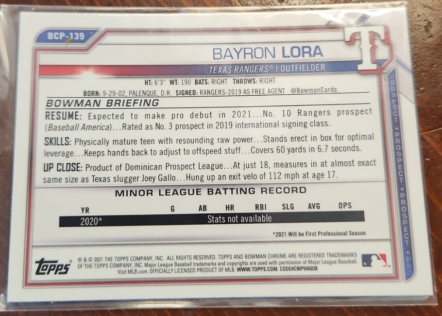 Bayron Lora 2021 Bowman Chrome Sapphire Prospects #BCP-139 Texas ...