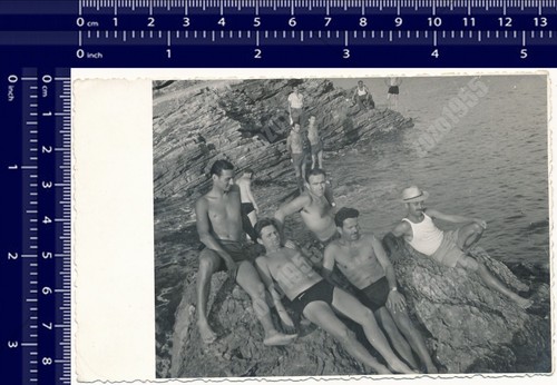 1963 Shirtless Men Trunks Laying on Beach Bulge Muscular Vintage Photo ...