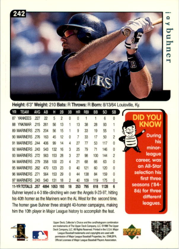 1998 Collector's Choice Seattle Mariners Baseball Card #242 Jay Buhner ...
