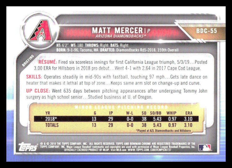 2019 Bowman Chrome Draft Matt Mercer BDC-55 Arizona Diamondbacks | eBay