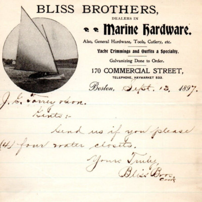 1897 Bliss Brothers Marine Hardware Letterhead Stationery Ship Yacht ...