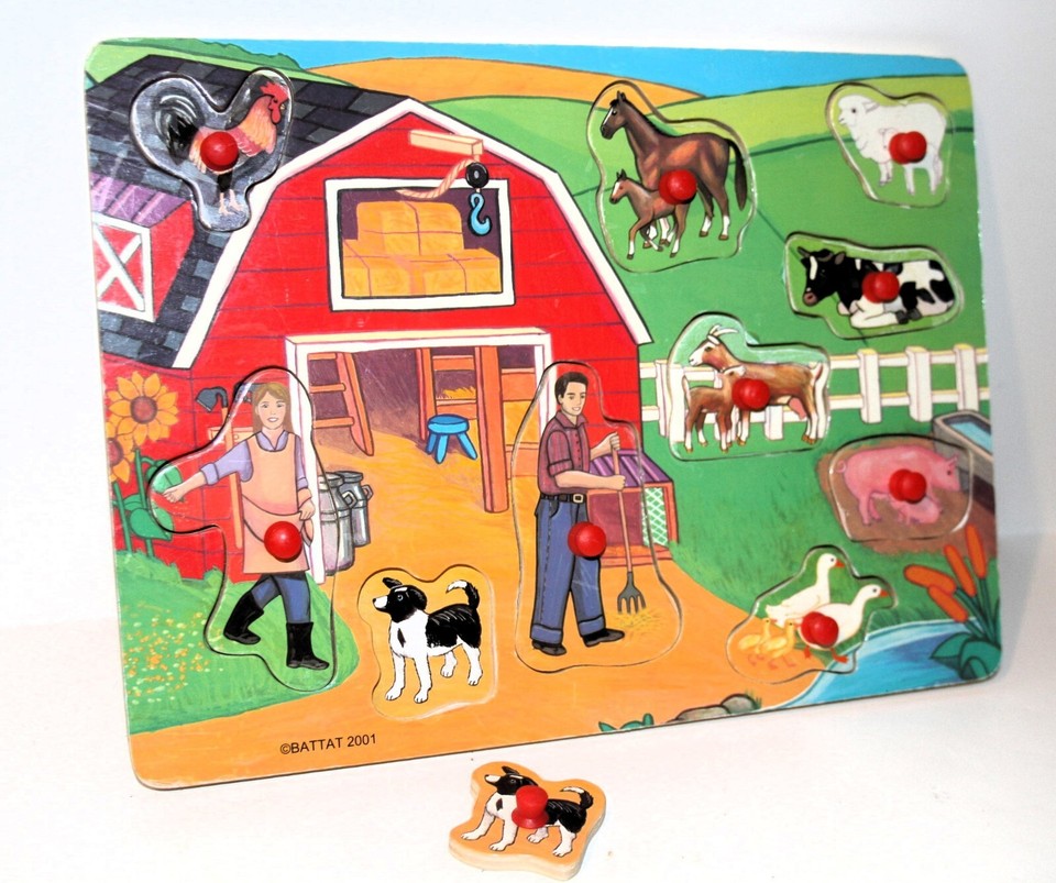 Vintage FARM LIFE Barn w/ANIMALS 10 Pieces w/Peg WOODEN PUZZLE by ...