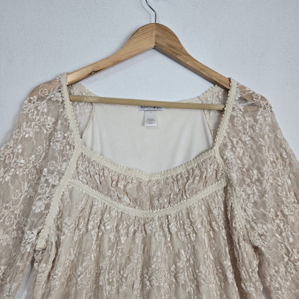 VTG Fashion Bug Lace Blouse Sz L Cream Elastic Neck Sleeve Boho ...