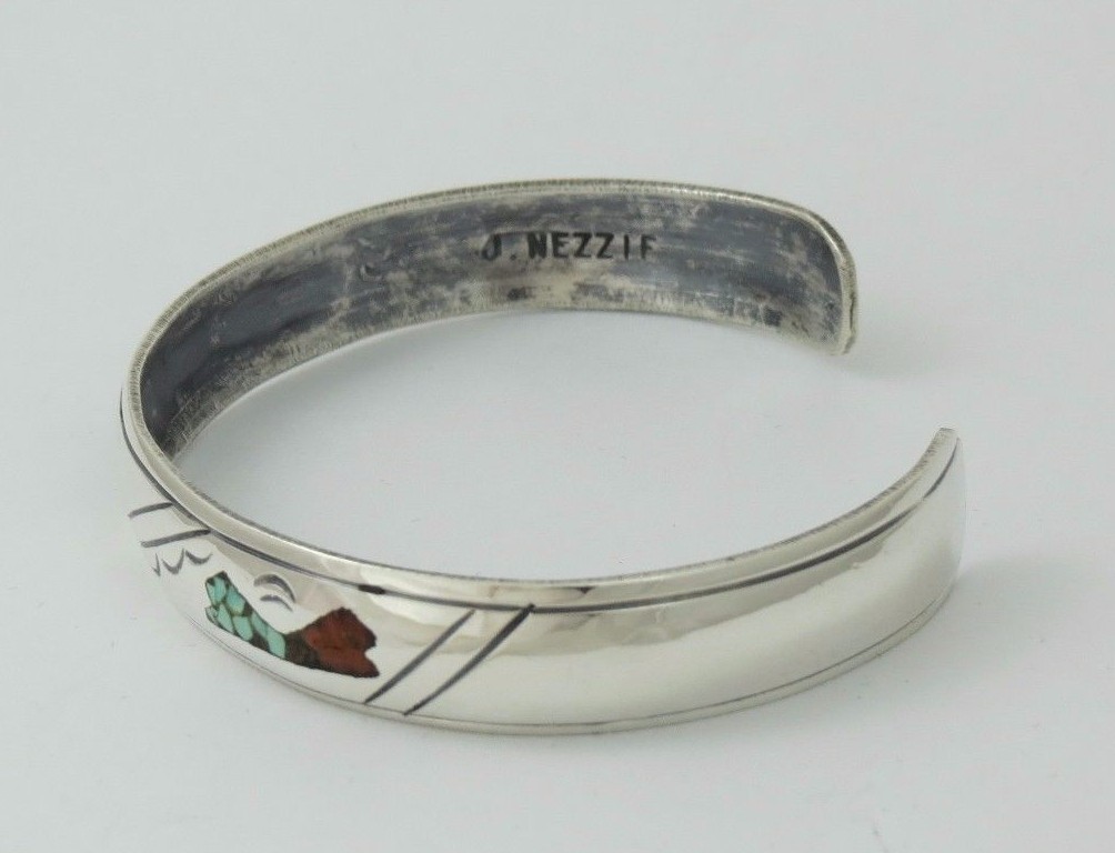 Nezzie Signed Sterling Turquoise & Coral Inlay Dancer Cuff Bracelet ...