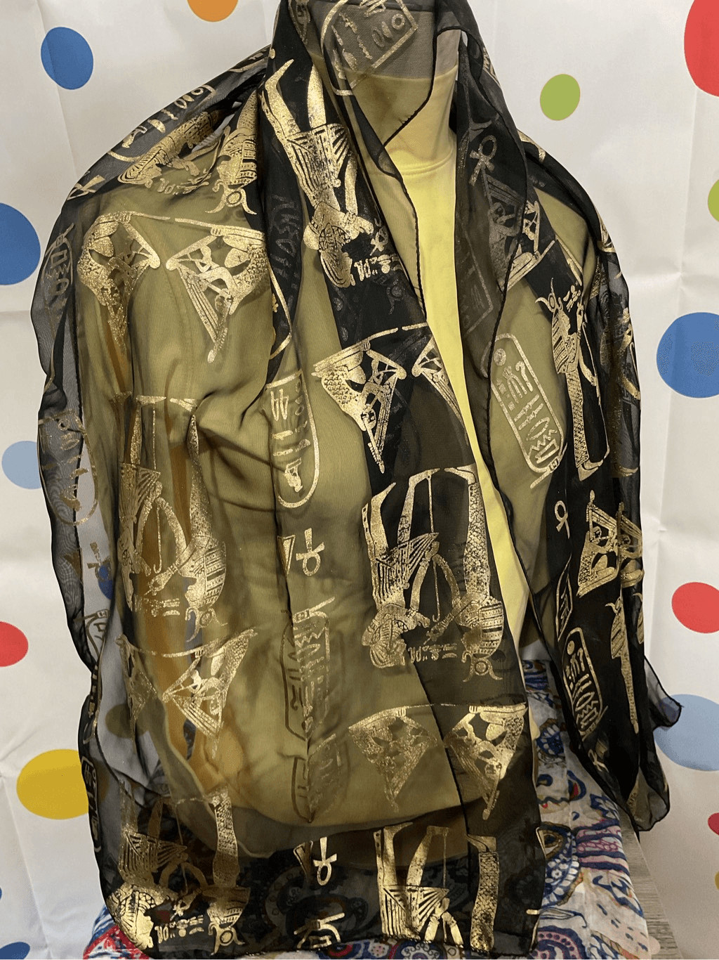 Mid Century Vintage Egyptian Scarf Black & Gold Hiero… - Gem