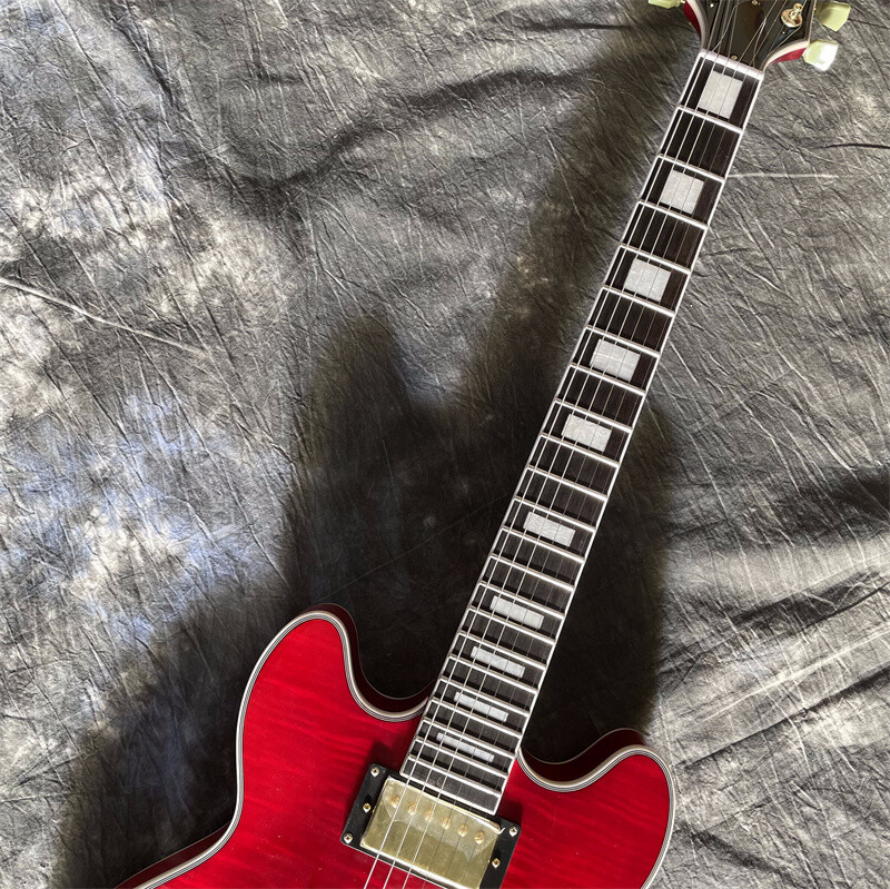 Red Flamed Maple Top Electric Guitar Semi-Hollow Body H-H Pickups Gold ...