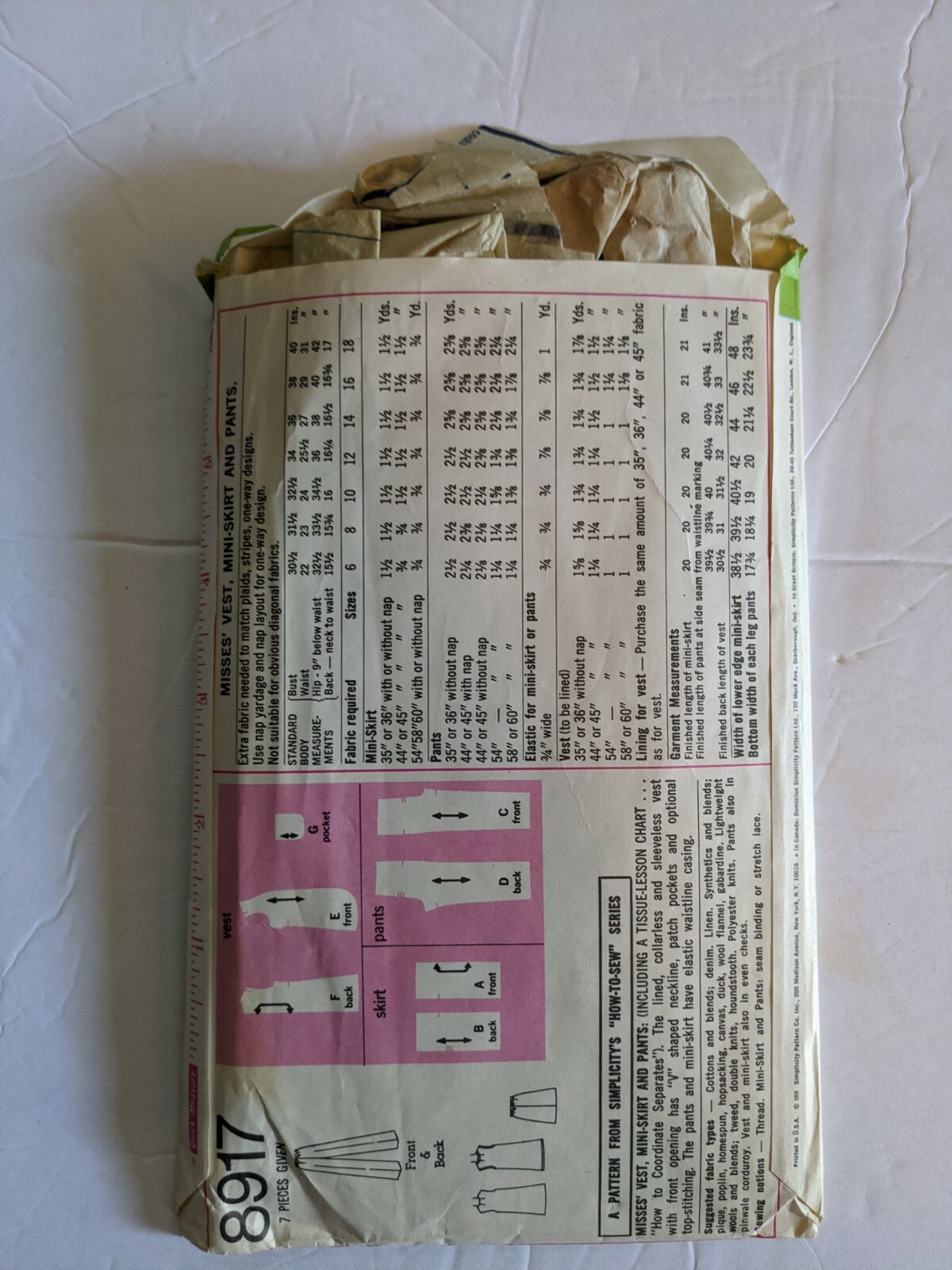 1970 Vintage SIMPLICITY 8917 Misses' Vest Mini Skirt Pants Miss Size 14 ...