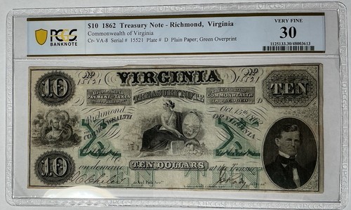 $10 1862 Virginia Treasury Note Richmond VA PMG Vf30 | eBay