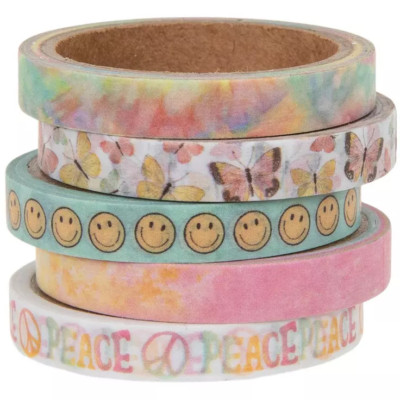 5 Rolls Peace Tie Dye Smile Face Butterflies SLIM Washi Decorative Tape ...