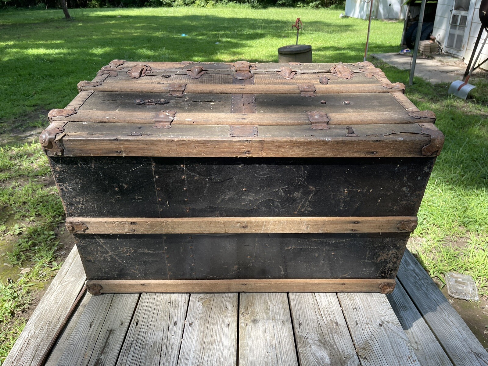 Antique Metal Wood Camelback Trunk Chest Steamer Steampunk Vintage | eBay