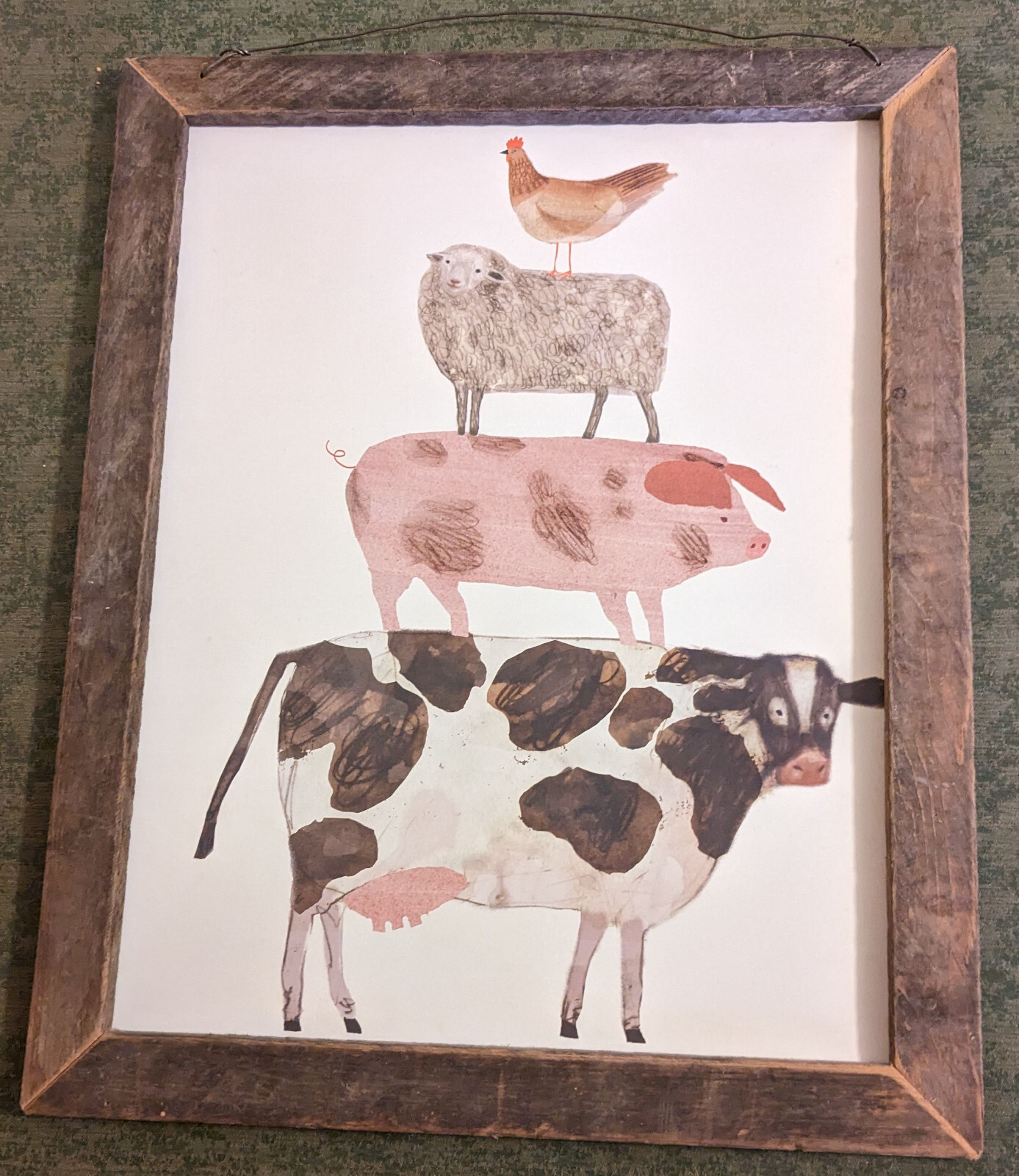 Cute barnyard animal stack painting in wooden frame w/ cow pig sheep ...