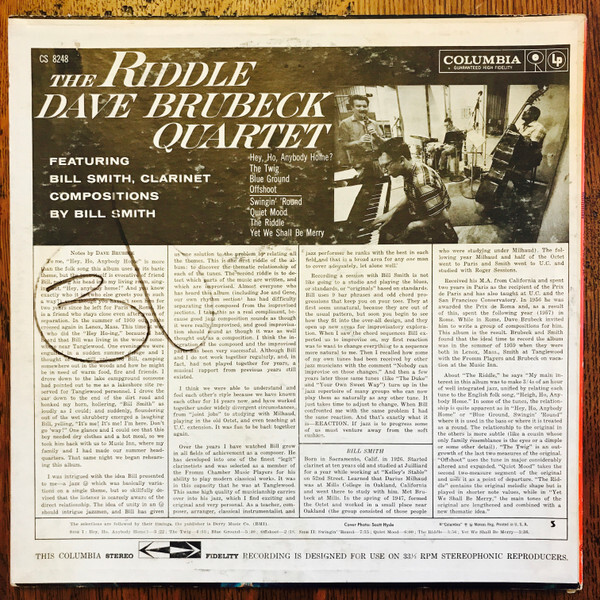 The Dave Brubeck Quartet - The Riddle 1960 LP, Album CS 8248 Very Good ...