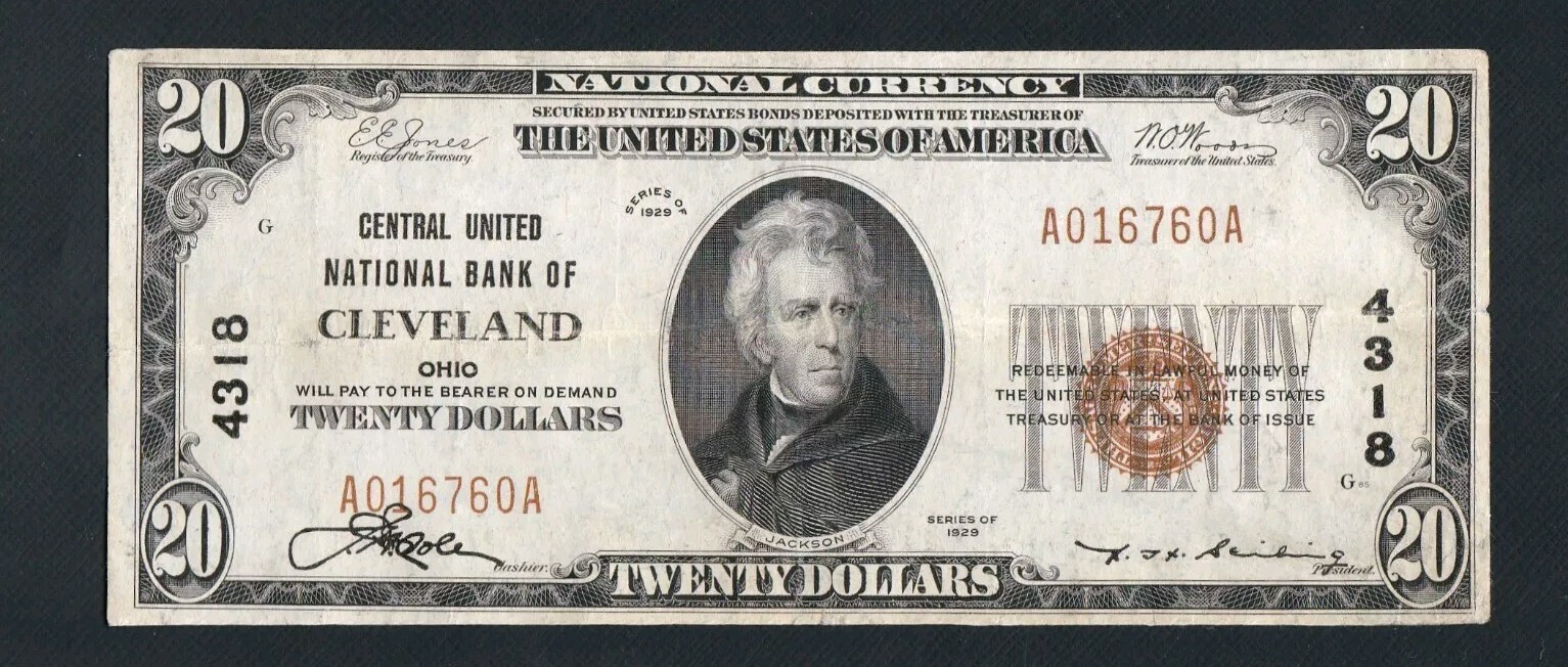 RARE CENTRAL UNITED BANK OF CLEVELAND 1929 $20, CHARTER NUMBER 4318 | eBay