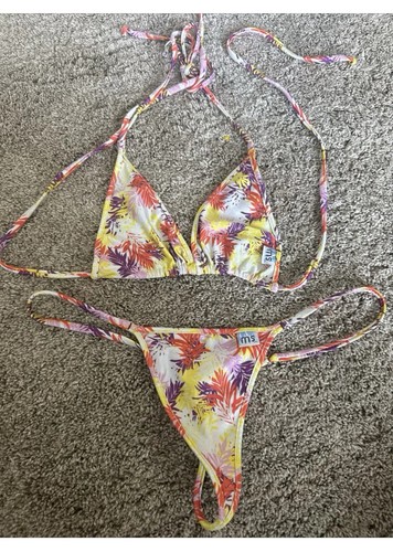 Malibu Strings Bikini Tri Top and Thong Bottom Set- Hollywood Palms Print | eBay