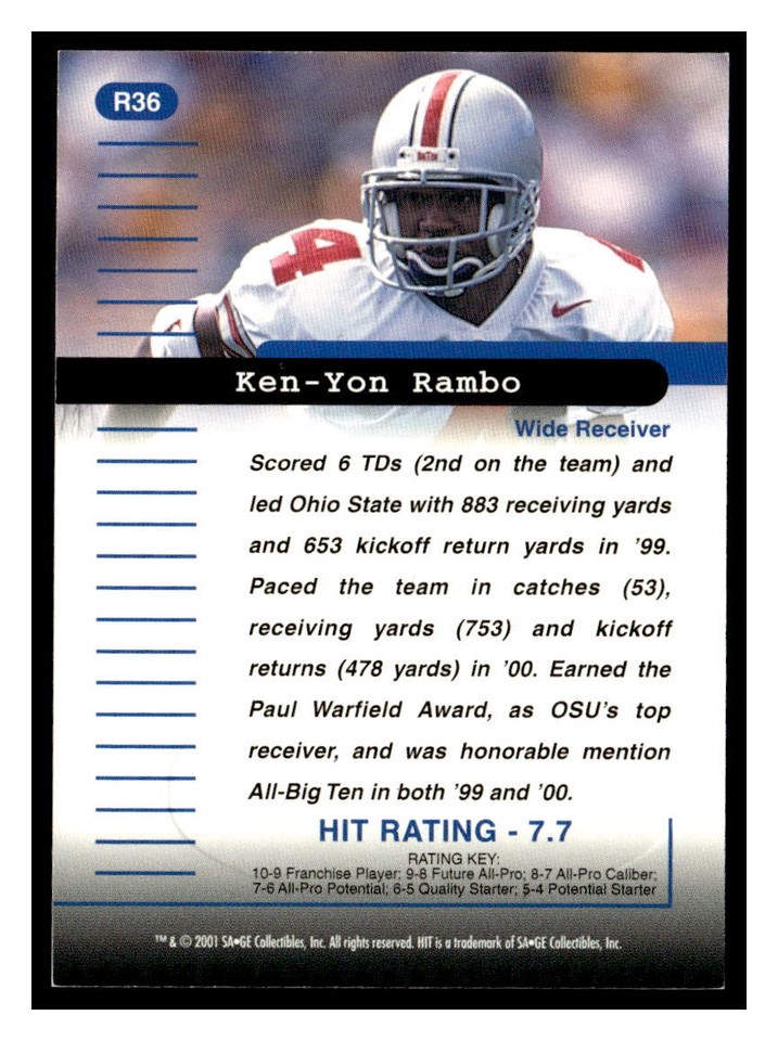 Ken-Yon Rambo 2001 SAGE HIT R36 SN2001 Rarefied | eBay