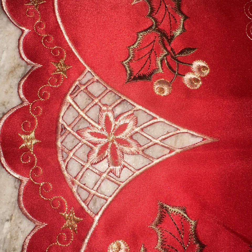 Christmas Table Topper Poinsettia Red Embroidered Cutwork 34” Sq ...