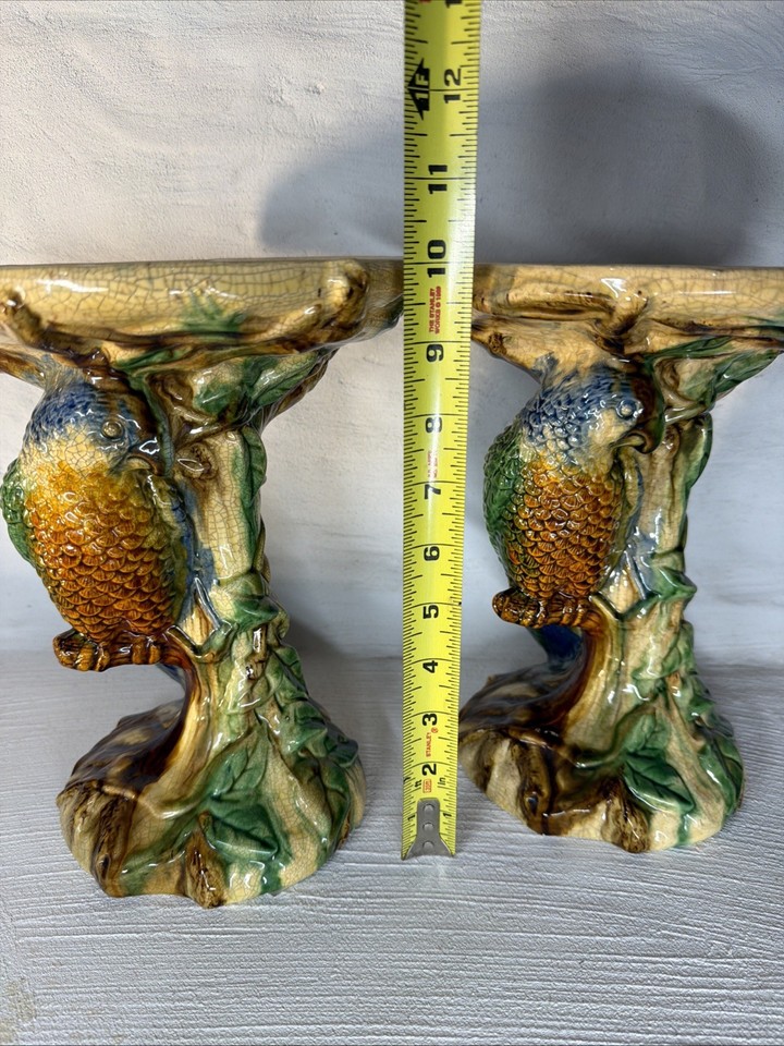 2 Antique Majolica Parrot Stands On Branch Tabletop | eBay