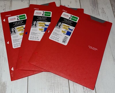 Mead Five Star Plastic 2 Pocket Portfolio Folder - Lot Of 3 - Red - NEW ...