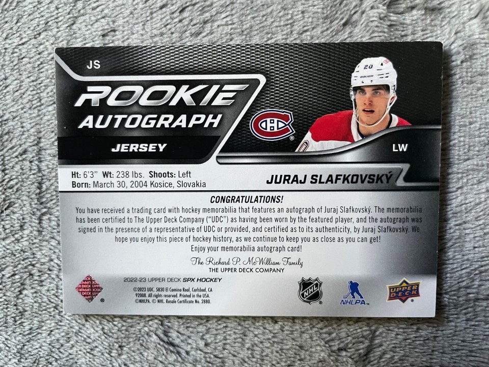 Juraj Slafkovsky #JS - 2022-23 Upper Deck SPx - Rookie Autograph Jersey ...