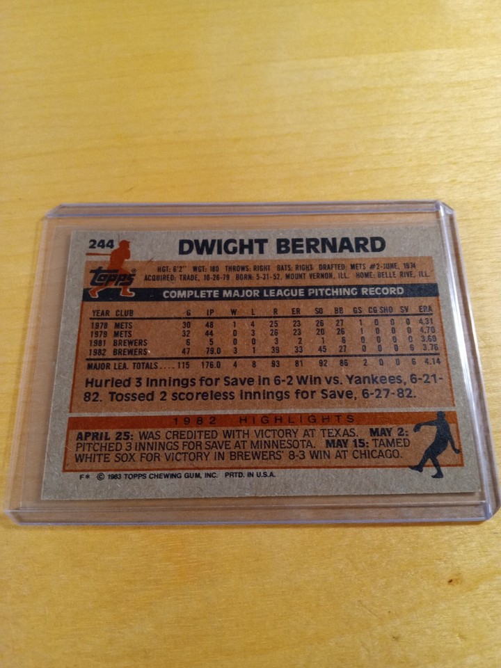 1983 Topps #244 DWIGHT BERNARD Milwaukee Brewers Baseball Card, Pitcher ...