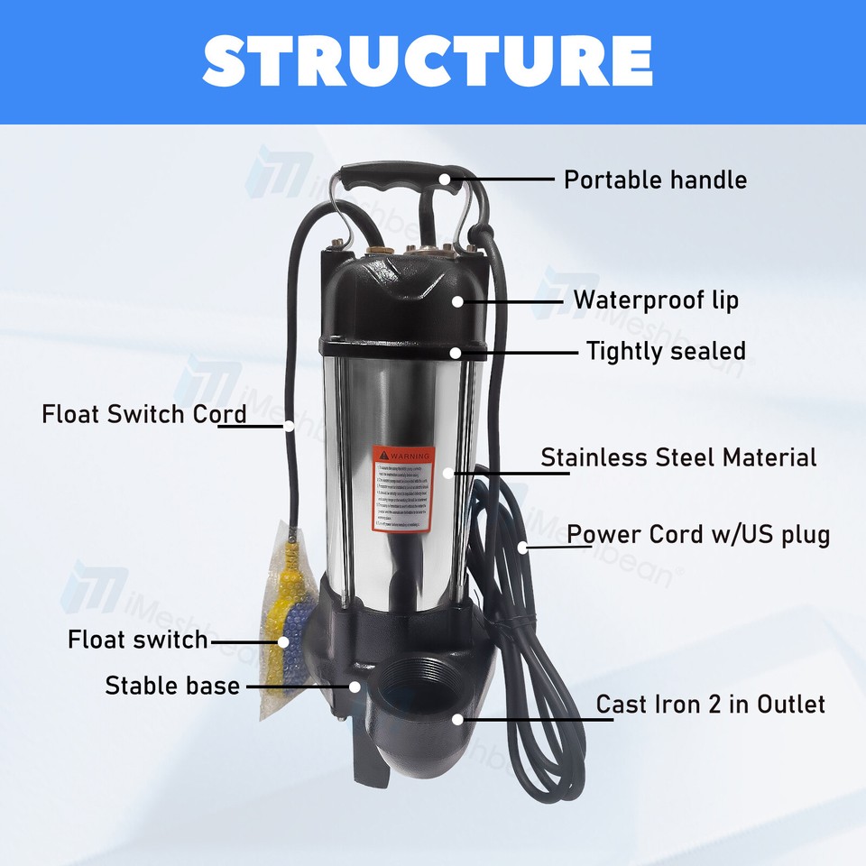 1.5HP Sewage Grinder Sump Pump W/Float Heavy Duty Stainless Steel 110V ...