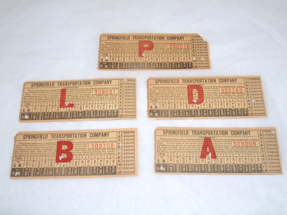 GROUP LOT VINTAGE SPRINGFIELD TRANSPORTATION BUS TROLLEY TRAIN TICKET ...