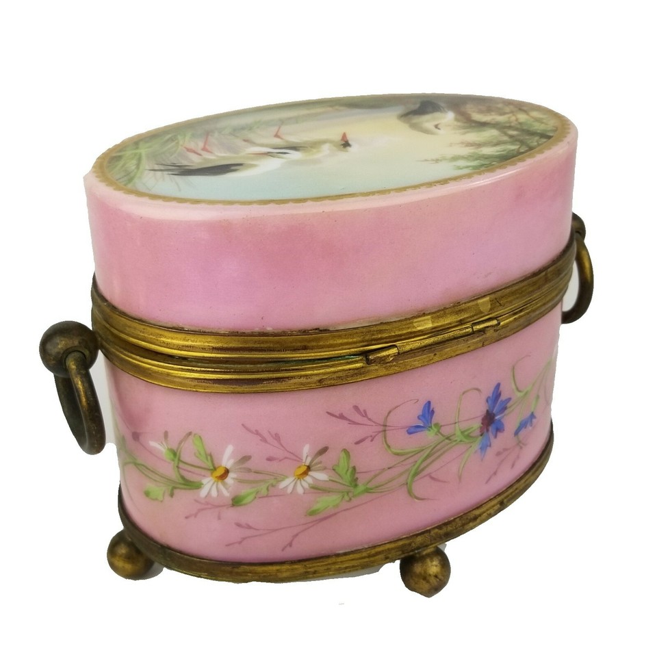 Antique French Hand Painted Birds Porcelain Gilt Bronze Jewelry or ...