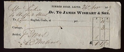 1839 LEITH- JAMES WISHART & SON, Timber Bush, 1 TON OF ENGLISH COAL to ...
