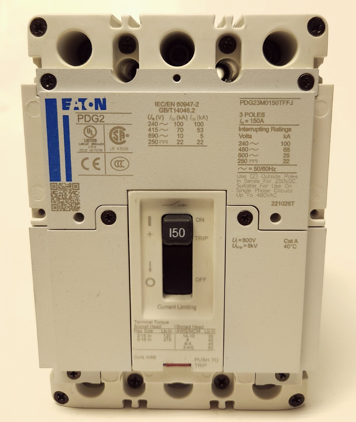 EATON PDG23M0150TFFJ 3 Pole 150 AMP PDG2 Power Defense Circuit Breaker ...