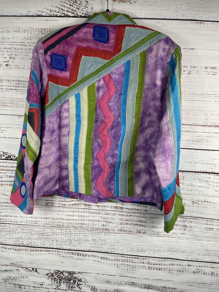 Anage Jacket Womens Large Multicolor Silk Patchwork Button Up Boho ...