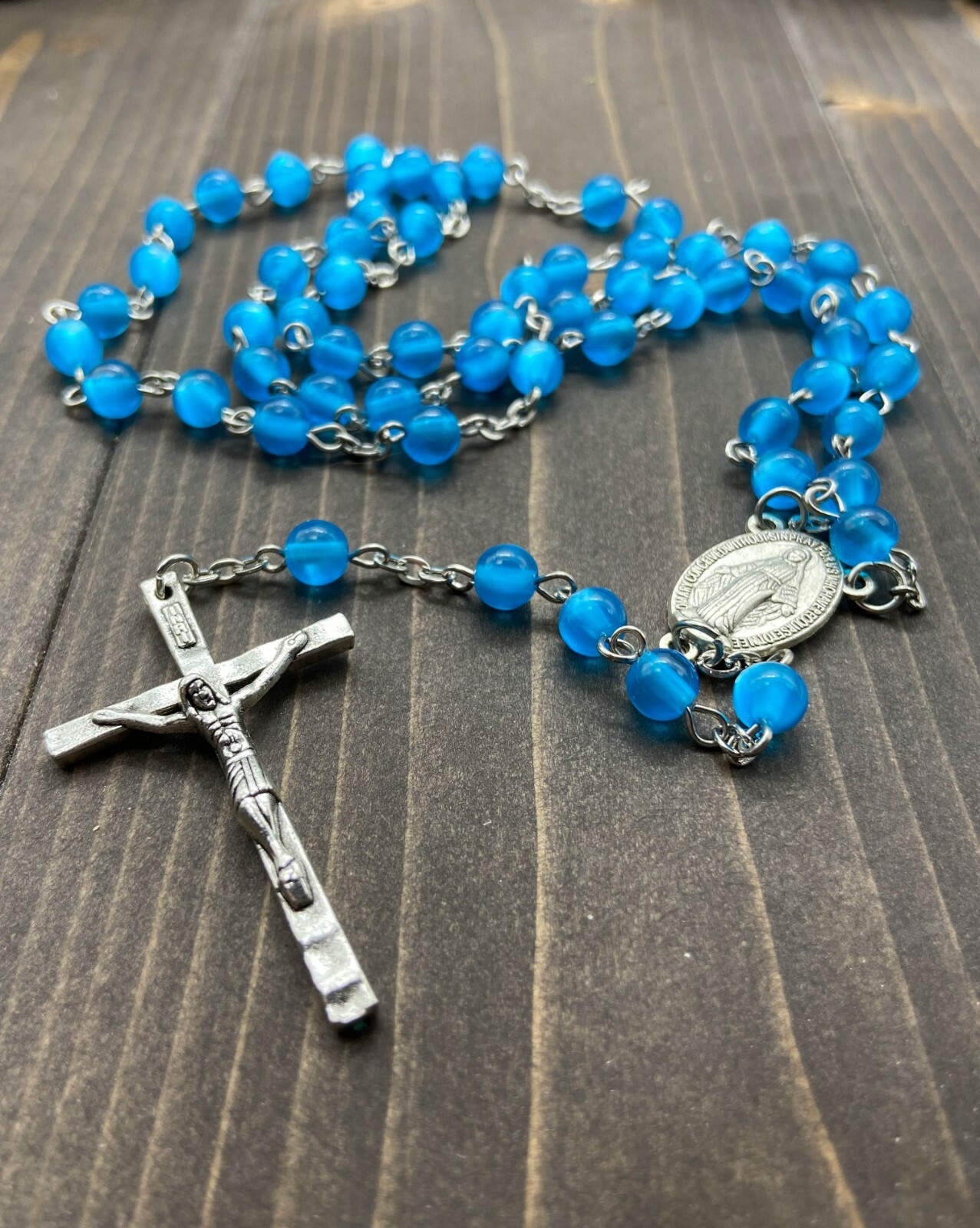 Light Blue Rosary Beaded Chaplet Necklace Miraculous Medal Cross | eBay